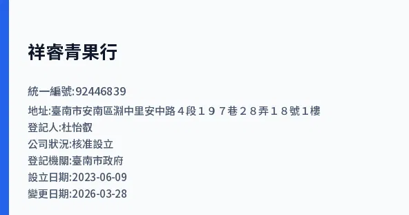 祥睿青果行的照片-統編 92446839(臺南市) 公司登記資料與營業項目詳細圖表