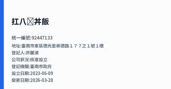 扛八畳丼飯的照片-統編 92447133(臺南市) 公司登記資料與營業項目詳細圖表
