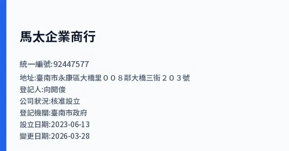 馬太企業商行的照片-統編 92447577(臺南市) 公司登記資料與營業項目詳細圖表