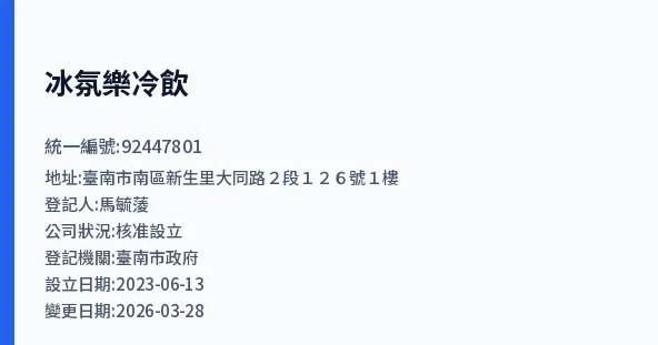 冰氛樂冷飲的照片-統編 92447801(臺南市) 公司登記資料與營業項目詳細圖表