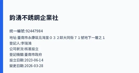 鈞湧不銹鋼企業社的照片-統編 92447984(臺南市) 公司登記資料與營業項目詳細圖表