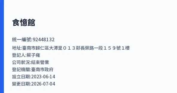 食憶館的照片-統編 92448132(臺南市) 公司登記資料與營業項目詳細圖表