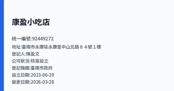 康盈小吃店的照片-統編 92449272(臺南市) 公司登記資料與營業項目詳細圖表