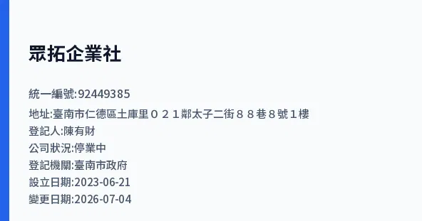 眾拓企業社的照片-統編 92449385(臺南市) 公司登記資料與營業項目詳細圖表