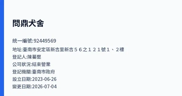 問鼎犬舍的照片-統編 92449569(臺南市) 公司登記資料與營業項目詳細圖表