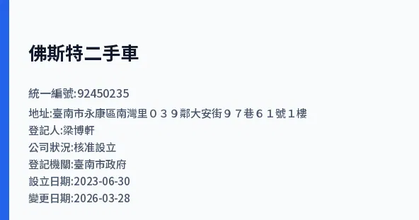 佛斯特二手車的照片-統編 92450235(臺南市) 公司登記資料與營業項目詳細圖表