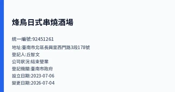 烽鳥日式串燒酒場的照片-統編 92451261(臺南市) 公司登記資料與營業項目詳細圖表
