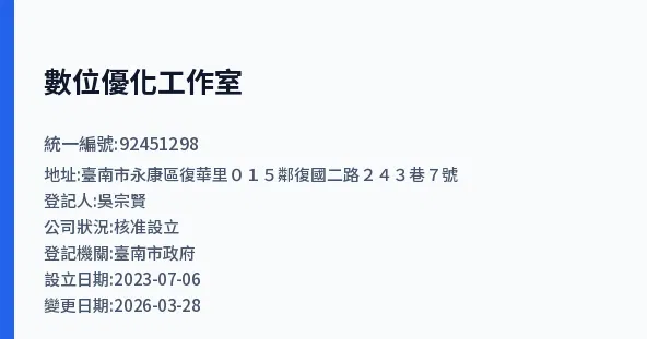 數位優化工作室的照片-統編 92451298(臺南市) 公司登記資料與營業項目詳細圖表