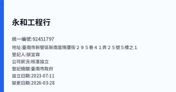 永和工程行的照片-統編 92451797(臺南市) 公司登記資料與營業項目詳細圖表