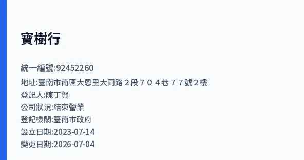 寶樹行的照片-統編 92452260(臺南市) 公司登記資料與營業項目詳細圖表
