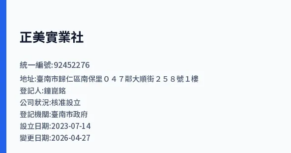 正美實業社的照片-統編 92452276(臺南市) 公司登記資料與營業項目詳細圖表