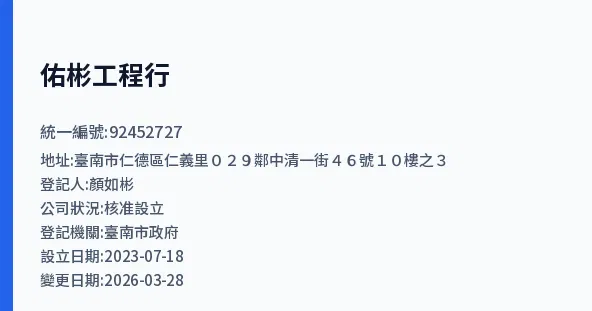 佑彬工程行的照片-統編 92452727(臺南市) 公司登記資料與營業項目詳細圖表