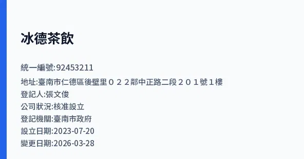 冰德茶飲的照片-統編 92453211(臺南市) 公司登記資料與營業項目詳細圖表