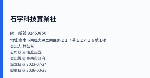 石宇科技實業社的照片-統編 92453850(臺南市) 公司登記資料與營業項目詳細圖表