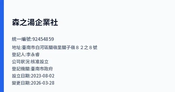 森之湯企業社的照片-統編 92454859(臺南市) 公司登記資料與營業項目詳細圖表