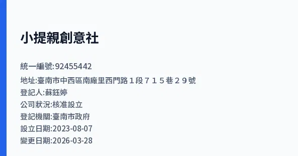 小提親創意社的照片-統編 92455442(臺南市) 公司登記資料與營業項目詳細圖表