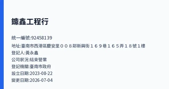 鐤鑫工程行的照片-統編 92458139(臺南市) 公司登記資料與營業項目詳細圖表
