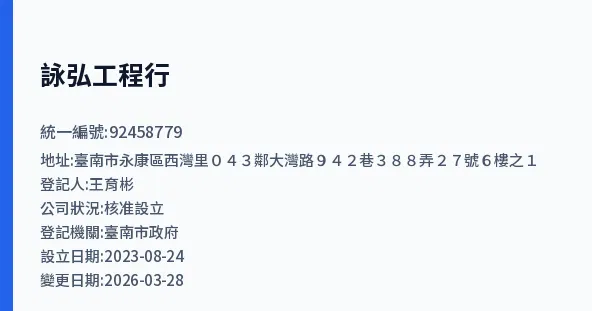 詠弘工程行的照片-統編 92458779(臺南市) 公司登記資料與營業項目詳細圖表