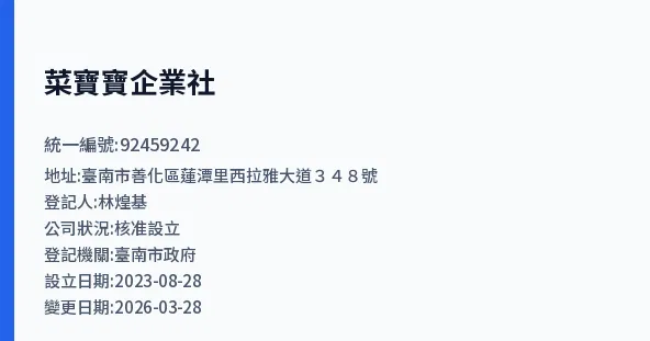 菜寶寶企業社的照片-統編 92459242(臺南市) 公司登記資料與營業項目詳細圖表