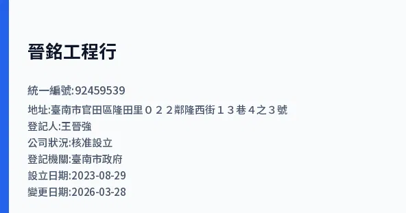 晉銘工程行的照片-統編 92459539(臺南市) 公司登記資料與營業項目詳細圖表