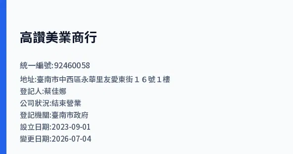 高讚美業商行的照片-統編 92460058(臺南市) 公司登記資料與營業項目詳細圖表