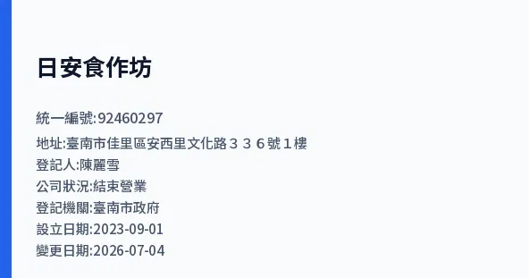日安食作坊的照片-統編 92460297(臺南市) 公司登記資料與營業項目詳細圖表
