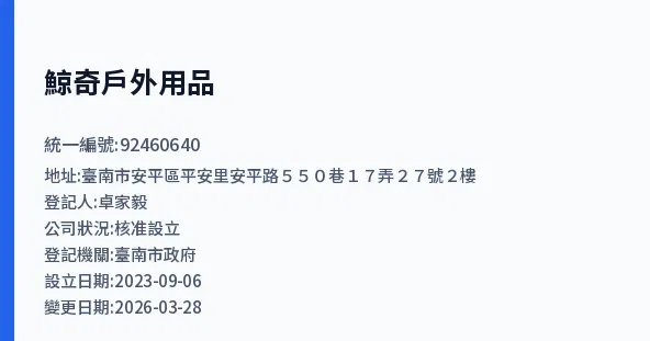 鯨奇戶外用品的照片-統編 92460640(臺南市) 公司登記資料與營業項目詳細圖表