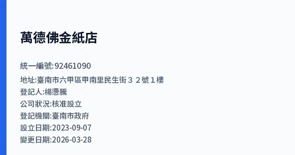 萬德佛金紙店的照片-統編 92461090(臺南市) 公司登記資料與營業項目詳細圖表