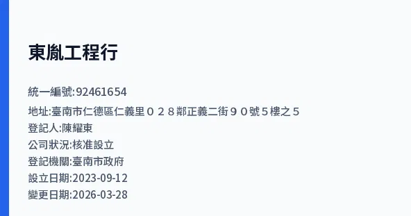 東胤工程行的照片-統編 92461654(臺南市) 公司登記資料與營業項目詳細圖表