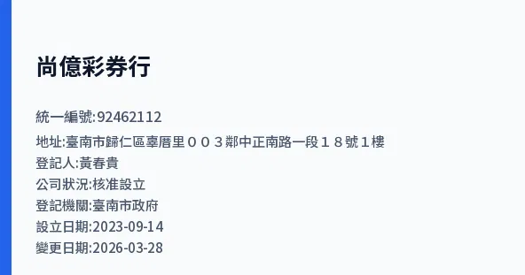 尚億彩券行的照片-統編 92462112(臺南市) 公司登記資料與營業項目詳細圖表