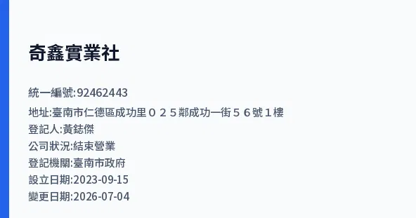 奇鑫實業社的照片-統編 92462443(臺南市) 公司登記資料與營業項目詳細圖表