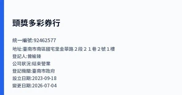 頭獎多彩券行的照片-統編 92462577(臺南市) 公司登記資料與營業項目詳細圖表