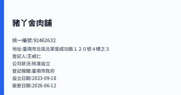 豬丫舍肉舖的照片-統編 92462632(臺南市) 公司登記資料與營業項目詳細圖表