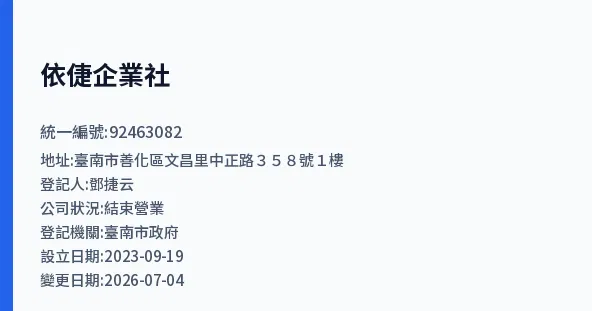 依倢企業社的照片-統編 92463082(臺南市) 公司登記資料與營業項目詳細圖表