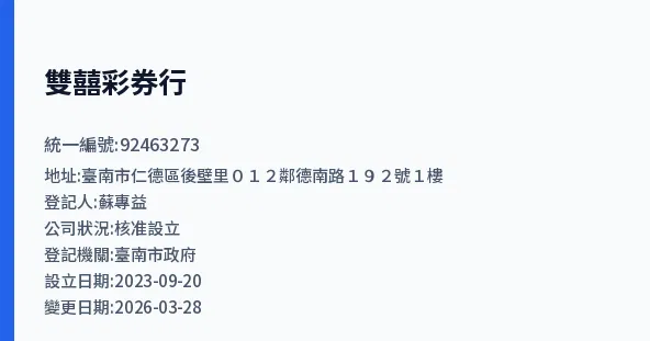 雙囍彩券行的照片-統編 92463273(臺南市) 公司登記資料與營業項目詳細圖表