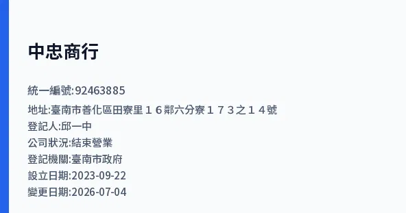 中忠商行的照片-統編 92463885(臺南市) 公司登記資料與營業項目詳細圖表