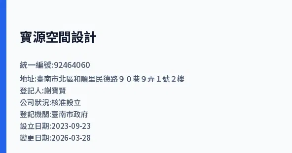 寶源空間設計的照片-統編 92464060(臺南市) 公司登記資料與營業項目詳細圖表
