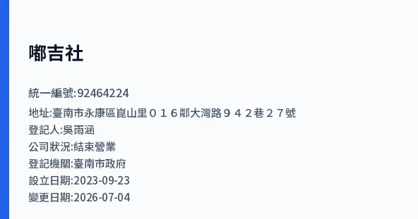 嘟吉社的照片-統編 92464224(臺南市) 公司登記資料與營業項目詳細圖表