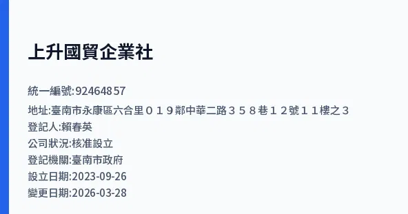 上升國貿企業社的照片-統編 92464857(臺南市) 公司登記資料與營業項目詳細圖表