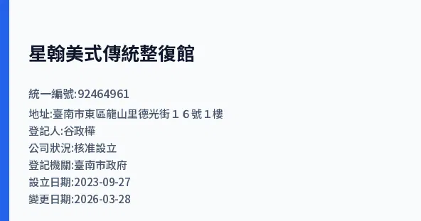 星翰美式傳統整復館的照片-統編 92464961(臺南市) 公司登記資料與營業項目詳細圖表