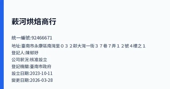 蔌河烘焙商行的照片-統編 92466671(臺南市) 公司登記資料與營業項目詳細圖表
