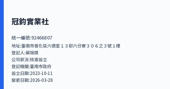 冠鈞實業社的照片-統編 92466807(臺南市) 公司登記資料與營業項目詳細圖表