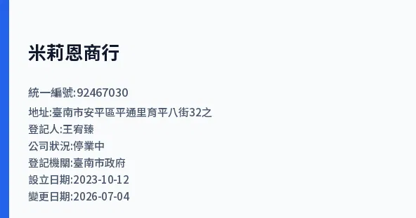 米莉恩商行的照片-統編 92467030(臺南市) 公司登記資料與營業項目詳細圖表