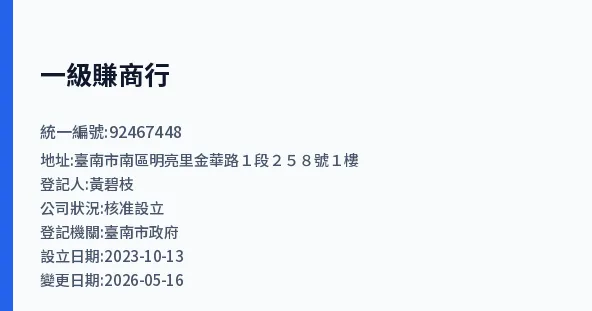 一級賺商行的照片-統編 92467448(臺南市) 公司登記資料與營業項目詳細圖表