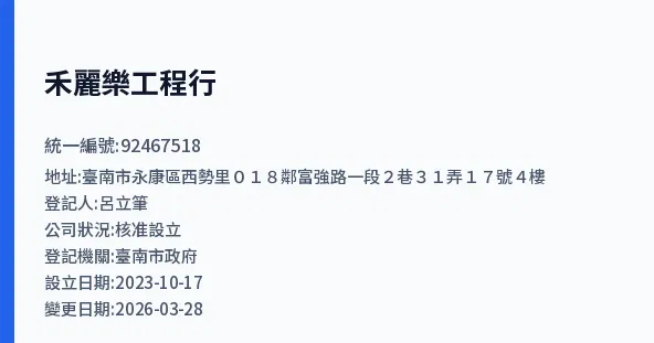 禾麗樂工程行的照片-統編 92467518(臺南市) 公司登記資料與營業項目詳細圖表