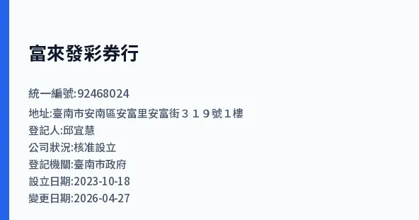 富來發彩券行的照片-統編 92468024(臺南市) 公司登記資料與營業項目詳細圖表