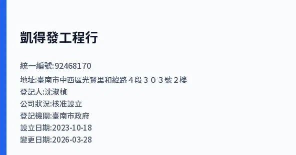 凱得發工程行的照片-統編 92468170(臺南市) 公司登記資料與營業項目詳細圖表