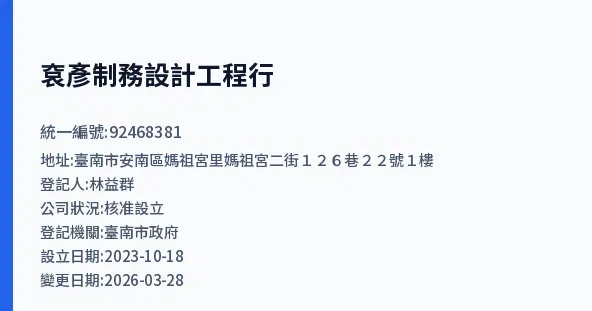 袞彥制務設計工程行的照片-統編 92468381(臺南市) 公司登記資料與營業項目詳細圖表