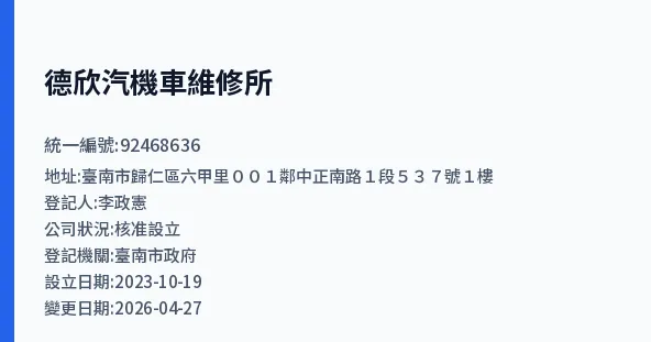 德欣汽機車維修所的照片-統編 92468636(臺南市) 公司登記資料與營業項目詳細圖表