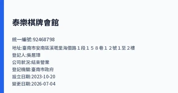 泰樂棋牌會館的照片-統編 92468798(臺南市) 公司登記資料與營業項目詳細圖表